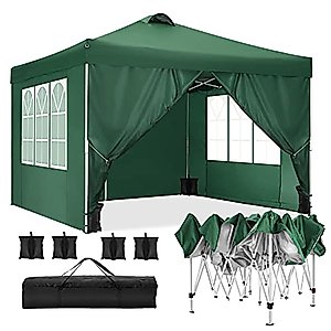 Canopy 10x10 Waterproof Pop up Canopy Tent with 4 Sidewalls Outdoor Event Shelter Tent for Parties Sun Shade Party Commercial Canopy with Air Vent Carry Bag(10x10 with 4 Sides & 4 Sandbags, Green)
