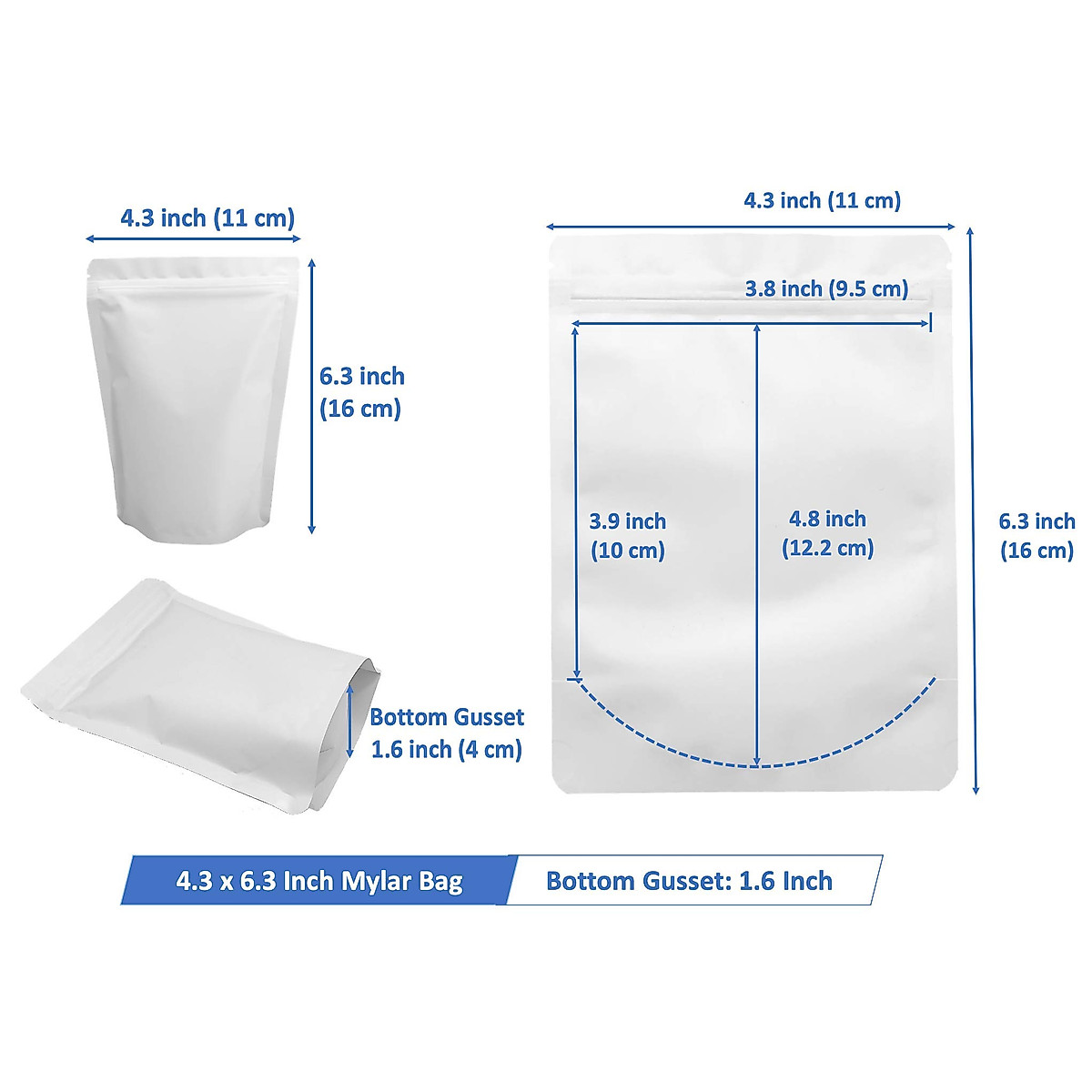 Chamigon 100 Pack Resealable Mylar Stand Up Pouch for Food Storage - 4.3x6.3 Inches Smell Proof Packaging Bag, Heat Sealable Foil Zipper Bags, Sample Pouches – Matte White