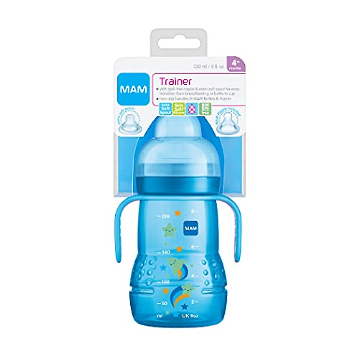 MAM Plastic Trainer Cup (1 Count), Trainer Drinking Cup with Extra-Soft Spout, Spill-Free Nipple, and Non-Slip Handles, for Boys 4+ Months, Eight Ounces, Designs May Vary