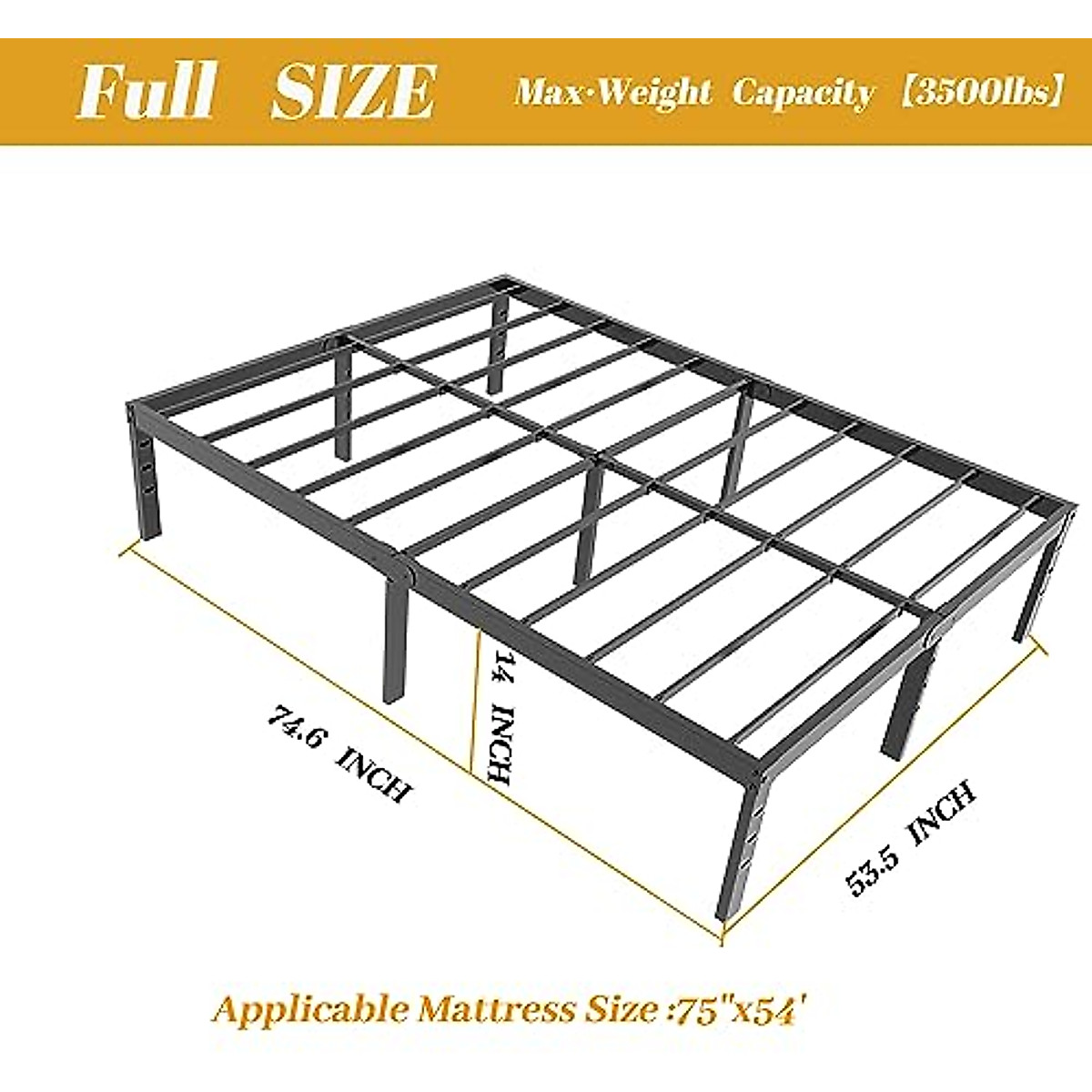 Caplisave Full Size High Metal Platform Bed Frame,Max 3500lbs Heavy Duty Metal Slat Support,14 Inch Underbed Storage,Easy Assembly，No Box Spring Needed，Black