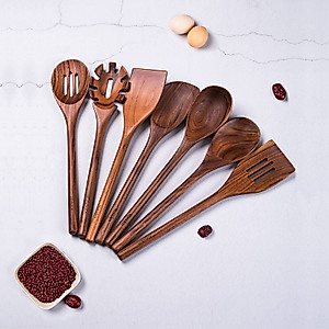 Black Walnut Kitchen Utensils Set - 7 Pcs Dark Wooden Cooking Utensils, 13.6” Long Handle Natural Walnut Wood Flat Spatula, Slotted Turner, Soup Ladle, Skimmer, Pasta Server, Corner Spoons for Cooking