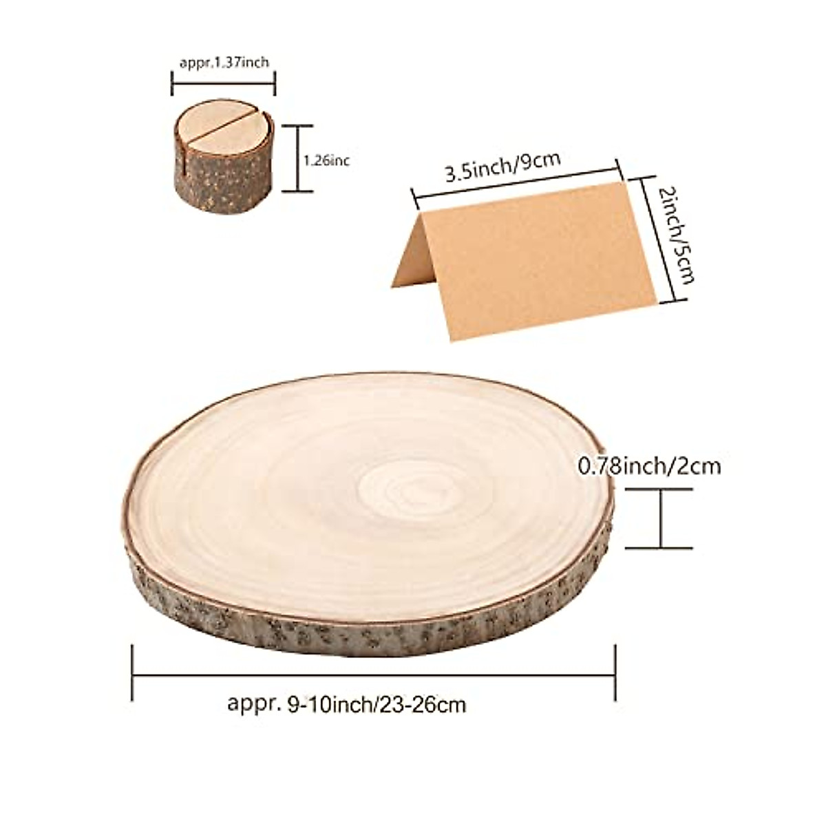 Pllieay 3 Pieces 9-10 Inch Wood Cake Stand Large Wood Slices Serving Tray, with 5 Pieces Cards and 5 Pieces Wood Table Number Card Holders for Table Centerpiece, Wedding Cake and Other DIY Projects