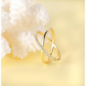 TIGRADE 14 K Gold Plated Stacking Ring X Shaped Criss Cross Ring CZ Pave Double Band Eternity Ring for Women, Gold, Size 6