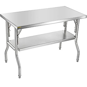 VEVOR Commercial Worktable Workstation 48 x 24 Inch Folding Commercial Prep Table, Heavy-duty Stainless Steel Folding Table with 772 lbs Load, Kitchen Work Table, Silver Stainless Steel Kitchen Island