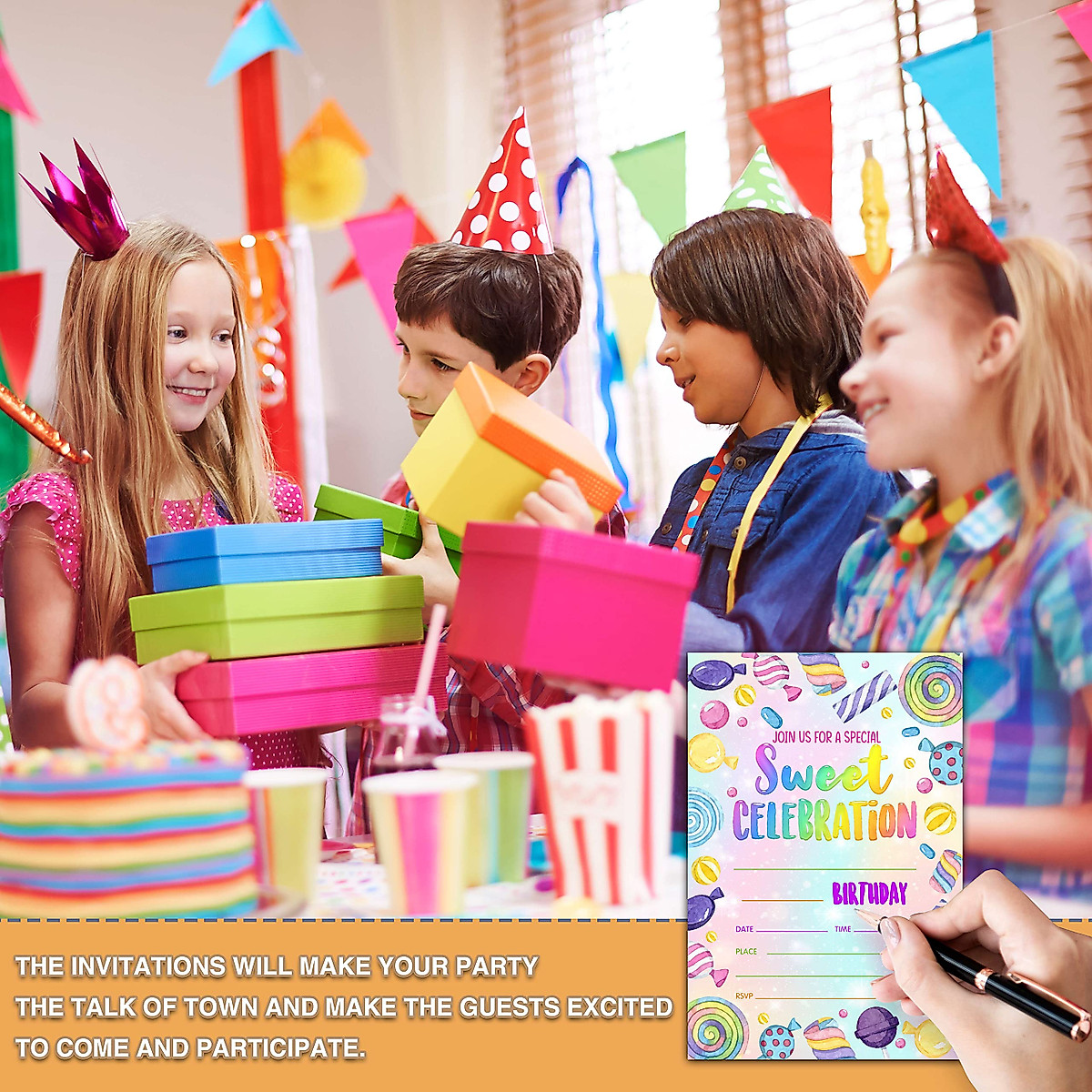 Chuxvon Sweet Celebration Birthday Party Invitations, Sweet Candy Birthday Invitation, Double-Sided Rainbow Tie Dye Fill In Invites, Kids Birthday Party Decorations, 20 Cards With 20 Envelopes(C11)