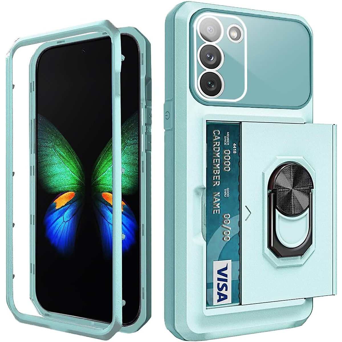 WATEFULL for Samsung Galaxy S23 Plus Case Wallet Card Holder with Kickstand Ring Holder,[Integrated Camera Cover] Samsung Galaxy S23 Plus Case Cover with Sliding Hidden Slot Shockproof Bumper(Teal)