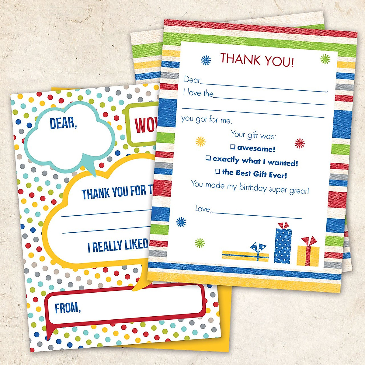 Dots and Stripes Kids Thank You Note Card Pack / 20 Fill In Childrens Colorful Thanks Cards With White Envelopes / 4 5/8" x 6 1/4" Kid Birthday Party Thank You