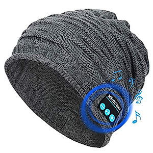 Bluetooth Beanie Hat 5.0 Wireless Headphones Music Hats with Built-in Microphone Winter Hat Warm Ski Cap for Men Women (012-Grey)
