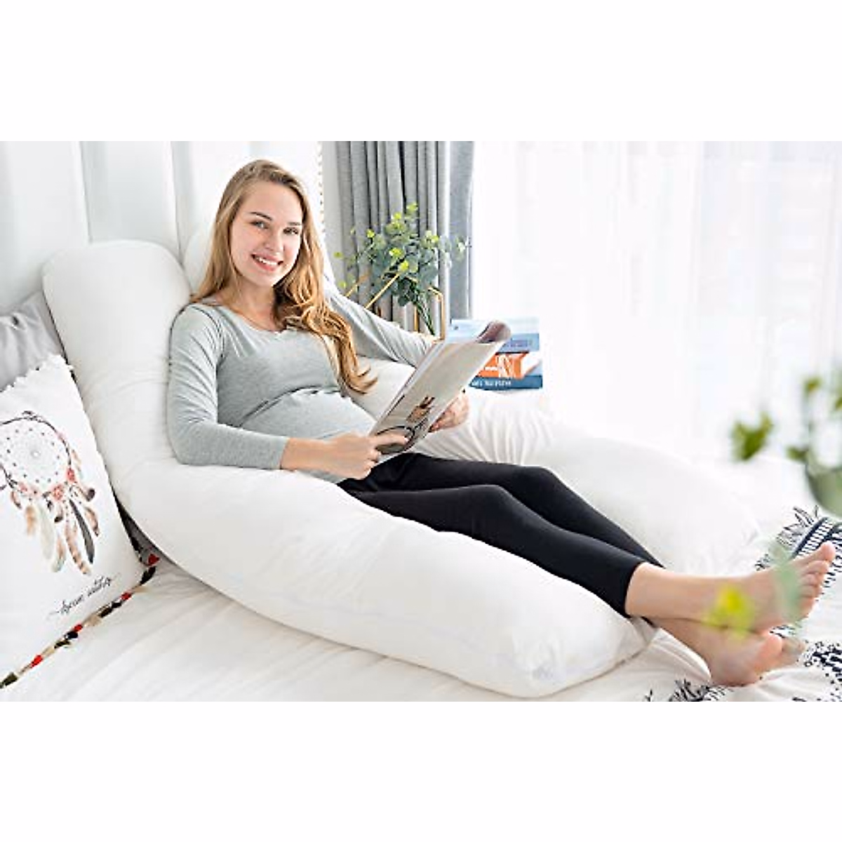 Meiz Premium U Shape Comfortable Pregnancy Pillow Maternity Pillow for Side Sleeping for Growing Tummy Support,Plus 100% Cotton Zipper Removable Cover(White)