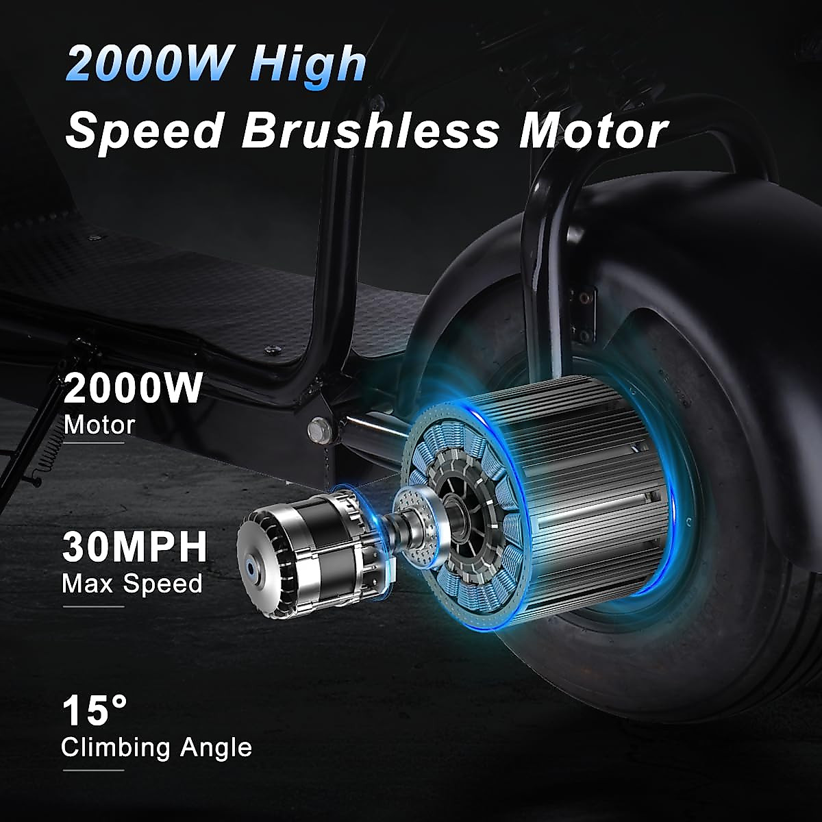 SAY YEAH Fat Tire Electric Scooter for Adult, 60V 18AH 2000W Lithium Commuter Citycoco Scooter Black, 32 MPH & 20 Miles Range, Adult Mobility Scooters, LED Light