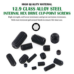 Keadic 450Pcs Internal Hex Drive Cup-Point Screws Assortment Kit, 15 Sizes Alloy Steel Hex Socket Set Cap Point Grub Screws, Socket Head Cap Screws Grub Screws, Metric, Black (M3 M4 M5 M6 M8)