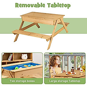 HONEY JOY Kids Picnic Table, 3 in 1 Convertible Sand & Water Table with 2 Storage Boxes & Removable Tabletop, Wooden Outdoor Table and Bench Set for Backyard, Kids Activity Play Table, Natural