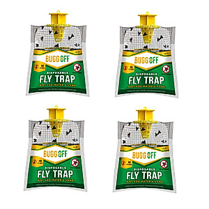 Bugg Off - 4 Pack Outdoor Disposabe Hanging Fly Traps with Natural Pre-Bait, Catches Flyes Everywhere Anywhere, Stables, Ranches, Cottages and More. Cut, Fill, and Hang!