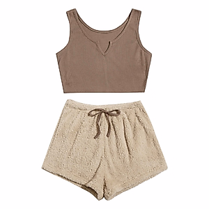 Verdusa Women's Notched Tank Top & Tie Front Teddy Shorts Lounge Pajama Set Multicolored S