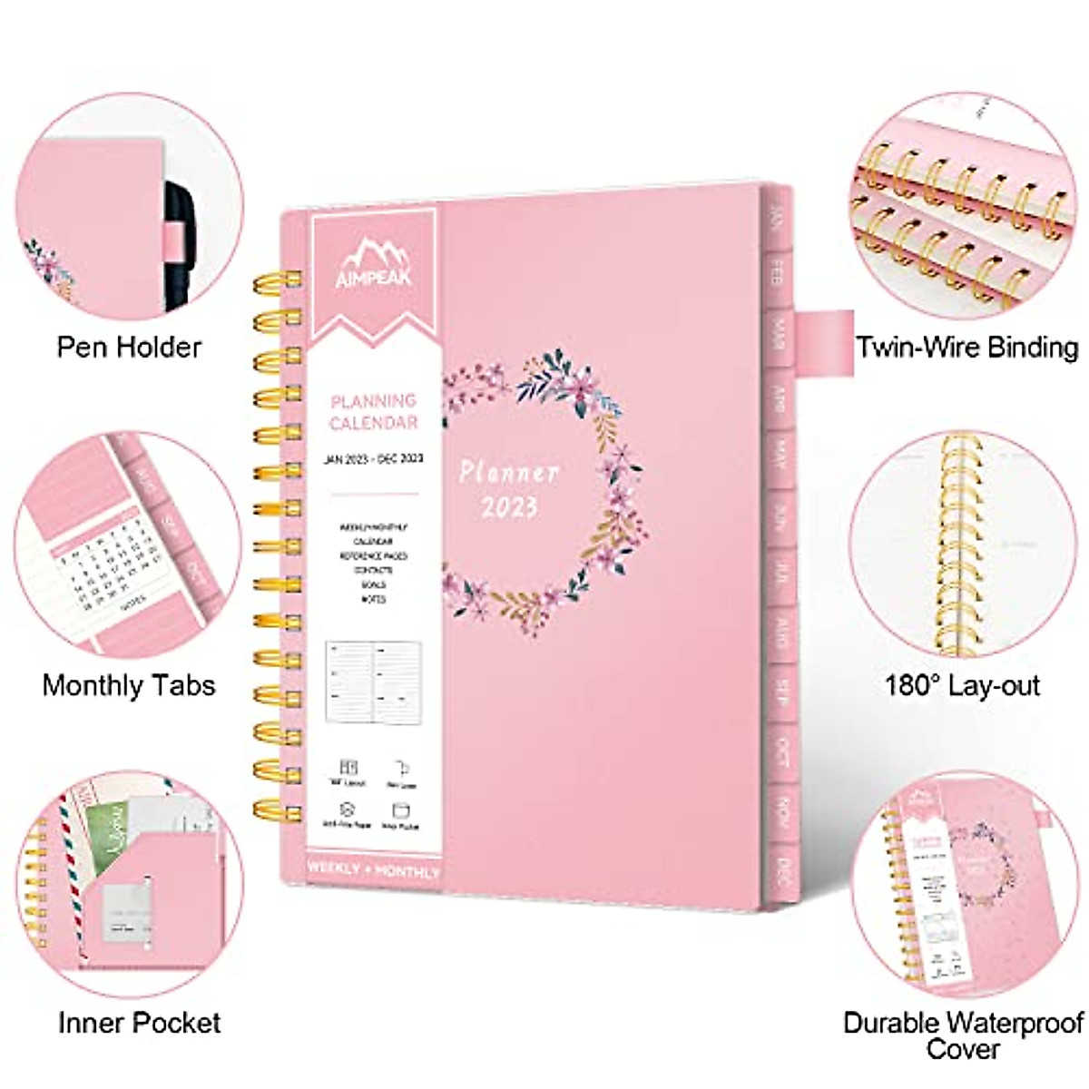 2023 Weekly & Monthly Planner, Jan. 2023 - Dec. 2023, AIMPEAK Planner 2023, Monthly Tabs, Inner Pocket, Pen Loop, PVC Waterproof Cover, Notes Pages, Spiral Binding, 138Pages, Pink Garland(5.5"x8.5")