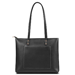 Women's Medium Black Vegan Leather Tote Bag with Zipper and Pockets Waterproof Plain Shoulder Handbag Purse for Office Work Travel School