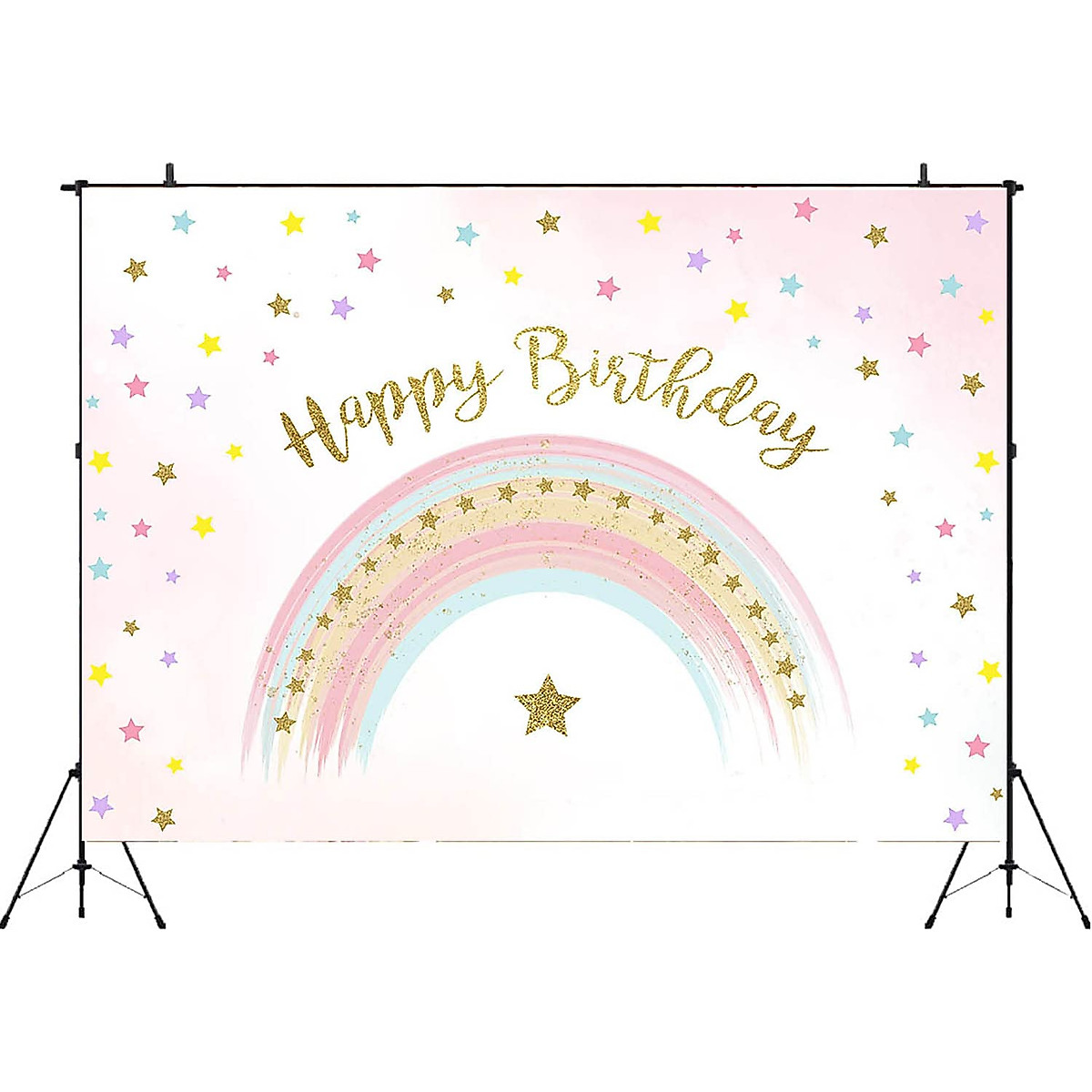 MAYSSKQ Rainbow Birthday Backdrop Colorful Pastel Rainbow Party Background Rainbow of Fun Gold Stars Sprinkle Girl Birthday Backdrops Decorations (7x5ft)