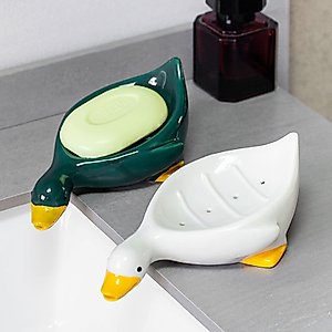 Longzhuo Cute Duck Soap Dish, 2Pcs Ceramic Soap Dish with Draining, Ceramic Soap Tray, Portable Soap Holder, Cute Duck Soap Shelf for Bathroom, Bathtub, Kitchen Sink Soap Box (White + Green)