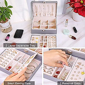 Voova Jewelry Box Organizer for Women Girls, 2 Layer Large Men Jewelry Storage Case, PU Leather Display Jewellery Holder with Removable Tray for Necklace Earrings Rings Bracelets, Vintage Gift,Grey