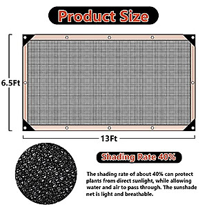 40% 6.5Ft x 13Ft Black Sunblock Shade Cloth Net Taped Edge with Grommets, Premium Sun Shade Mesh Tarp Perfect for Garden, Greenhouse, Chicken Coop, Flowers, Plants Heat Protection.