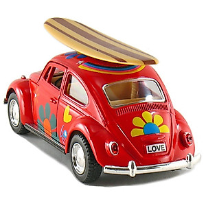 Set of 4: 5" Classic Volkswagen Beetle with Decal and Surfboard 1:32 Scale (Black/Blue/Red/Yellow)
