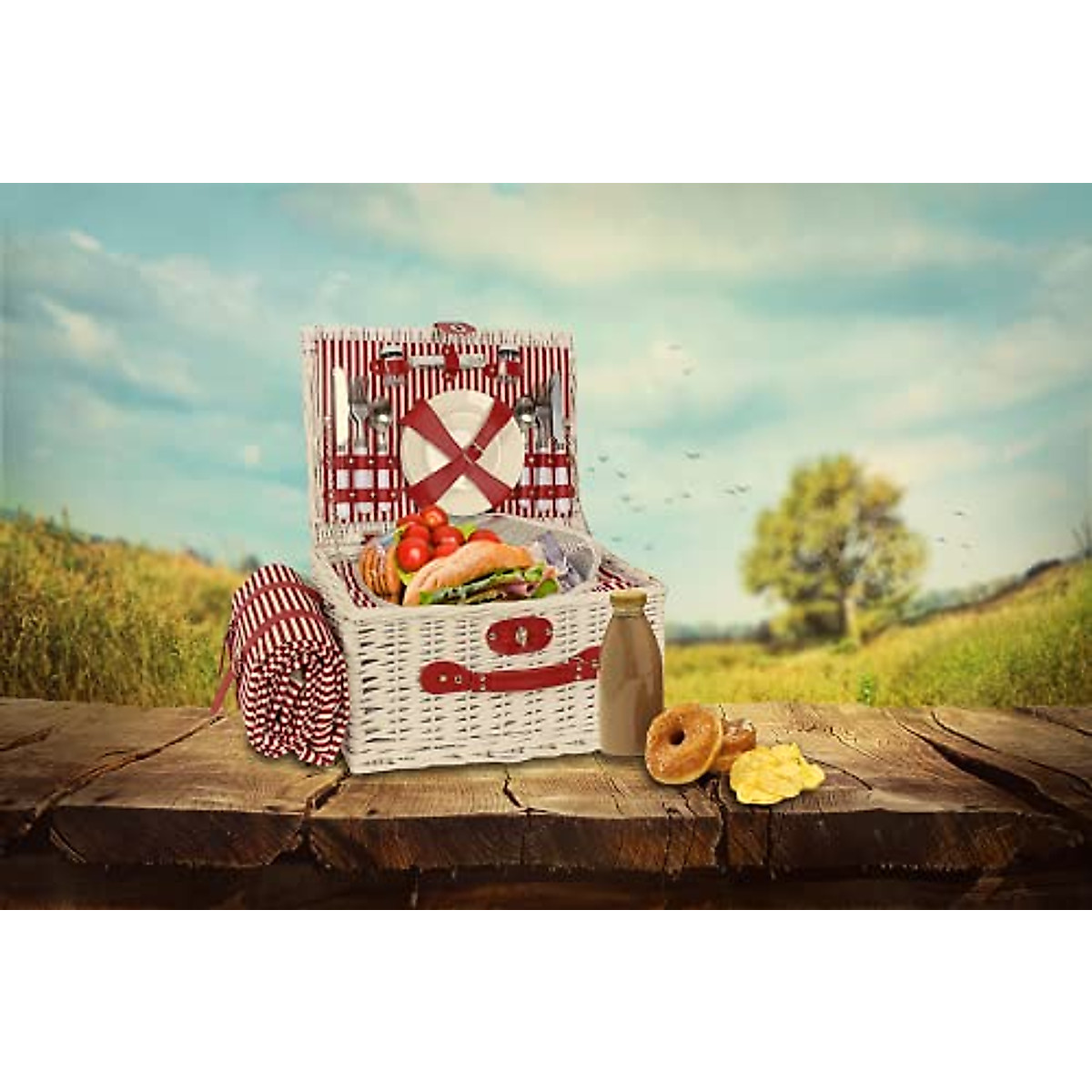 Picnic Basket for 4 Person Wicker Picnic Hamper with Waterproof Blanket, Insulated Cooler Compartment & Tableware Set (White/Red)