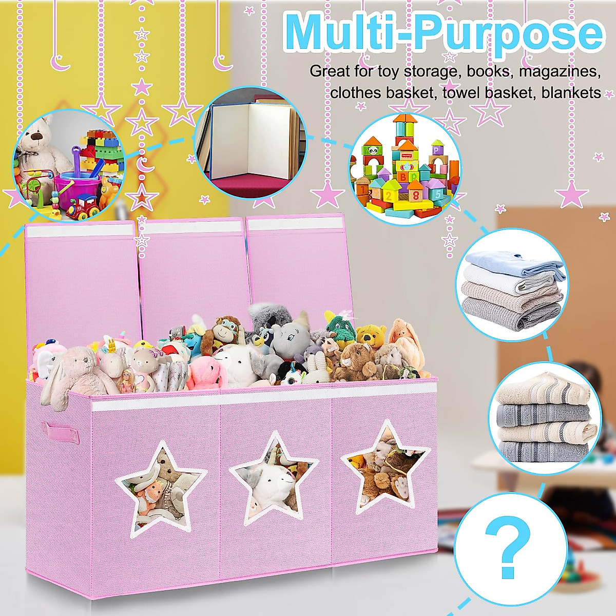 Xmasorme Extra Large Toy Box Chest, Toy Storage Organizer Bins with Transparent Windows, Foldable Storage Box for Kids,Boys,Girls,Toddler,Nursery Room,Playroom(Light Pink Star)