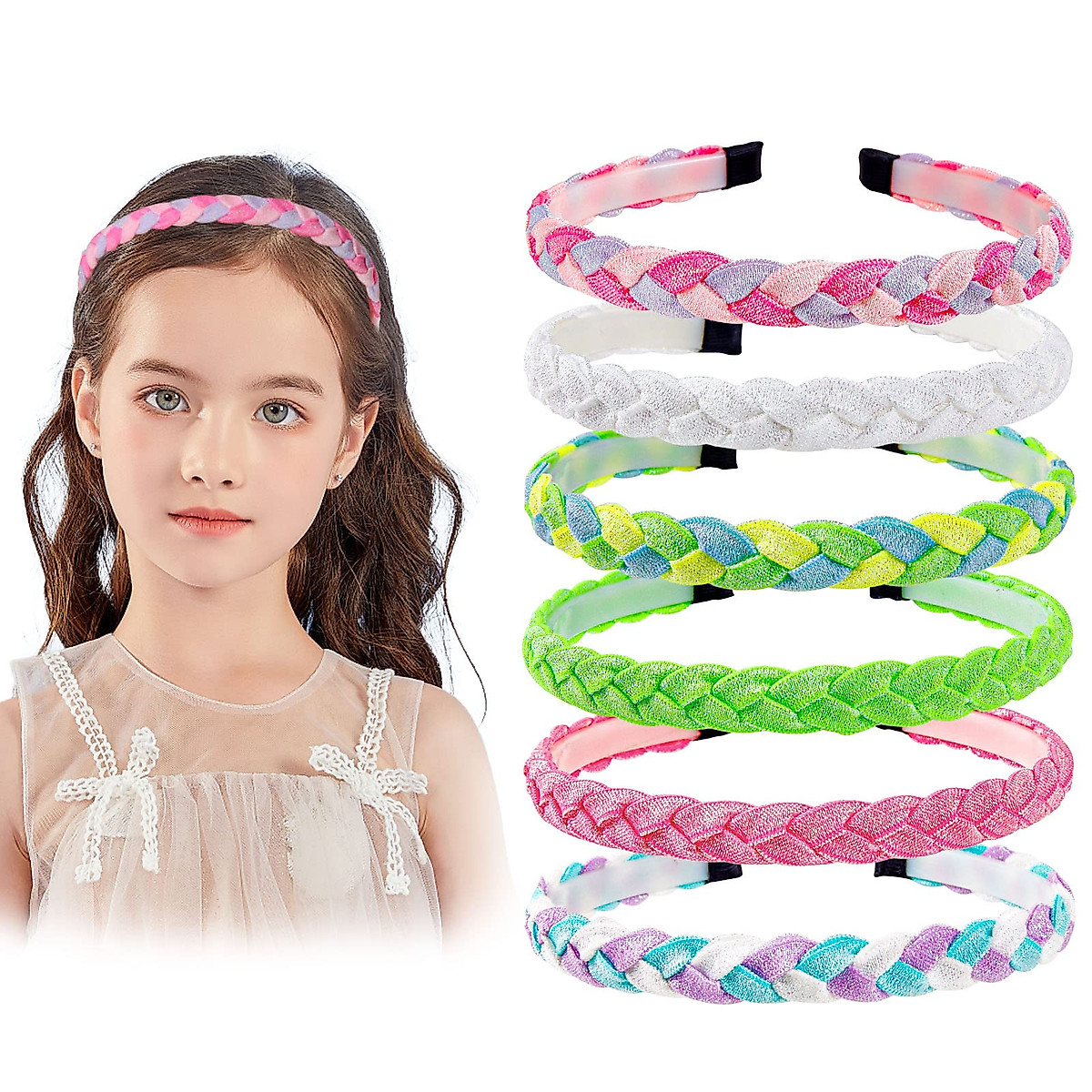 Braided Headbands Girls 6Pcs Rainbow Glitter Head Bands for Kids Toddlers Women Hand Twist Hairbands Fashion Sequins Thin Headband Party Favors