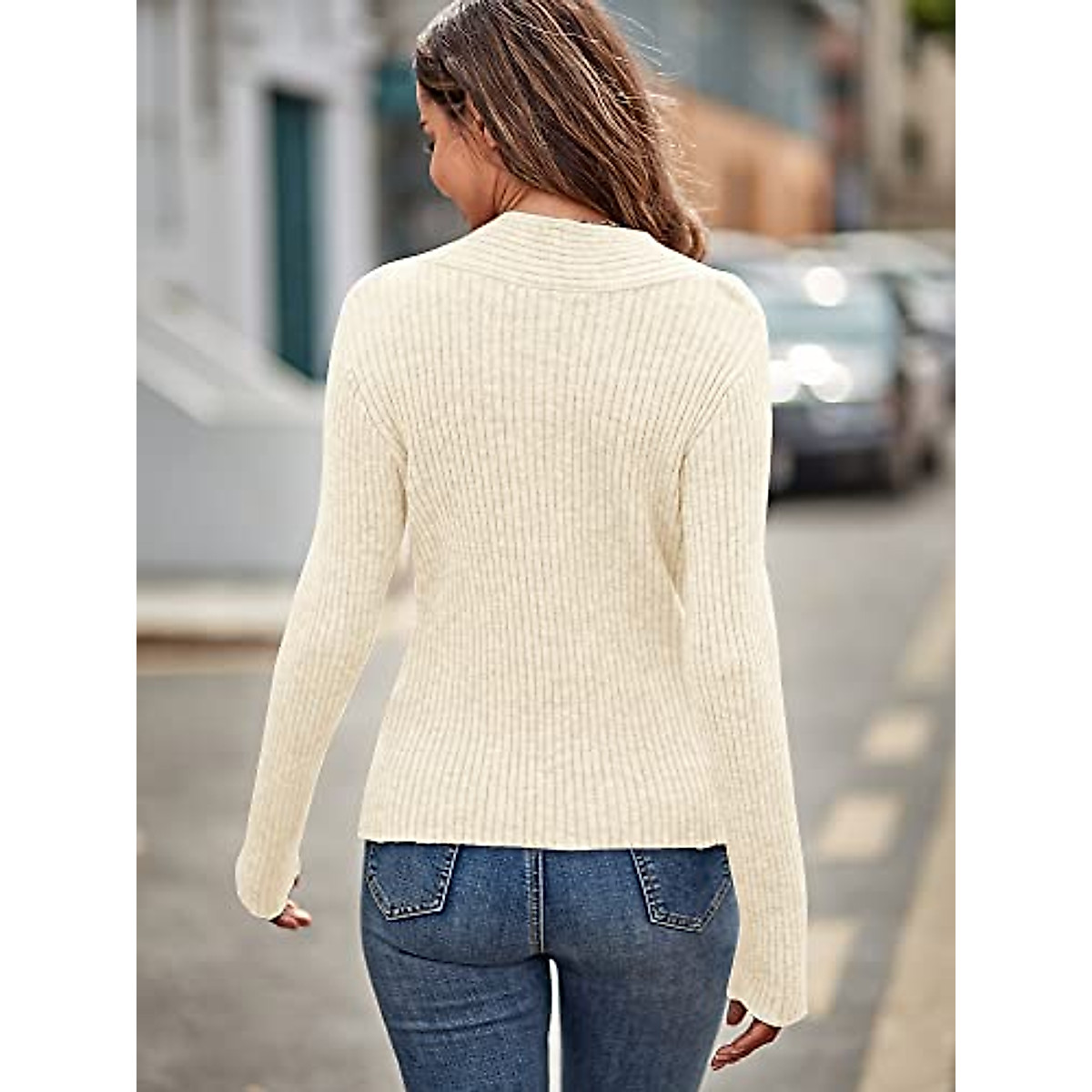 ZAFUL Women's Criss Cross V Neck Sweaters 2024 Dressy Casual Front Slit Ribbed Knit Pullover Sweater Jumper Tops Cream