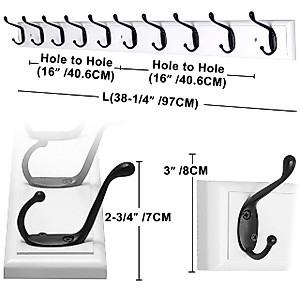Dseap Coat Rack Wall Mounted: 10-Hooks, 16" Hole to Hole, 38-1/4" Long, Wood Coat Hooks Wall Mounted, Hook Rack, Hook Rail, Hooks for Hanging Coats, White & Black