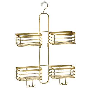 mDesign Metal Steel Hanging Shower Caddy, 4 Basket Organizer Rack for Bathroom; Hold Handheld Shower Head, Hose, Shampoo, Conditioner, Shaving Cream, Soap, Loofah - Carson Collection - Soft Brass
