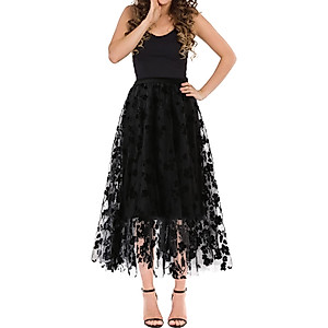 Women's A Line Tulle Midi Skirt Tutu Tiered Petticoat Skirts Tea-Length Elastic Waist Tutu Skirts (Flower Black 3 Layer)