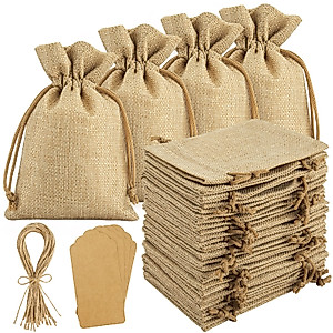 25PCS Burlap Gift Bags With Drawstring, 4x6" Small Party Favor Gift Bags + Bonus Gift Tags & String, Gift Bags Small Size for Party, Jewelry Pouches, Christmas, Festival, Kids Birthday, Coffee, DIY Craft Bags