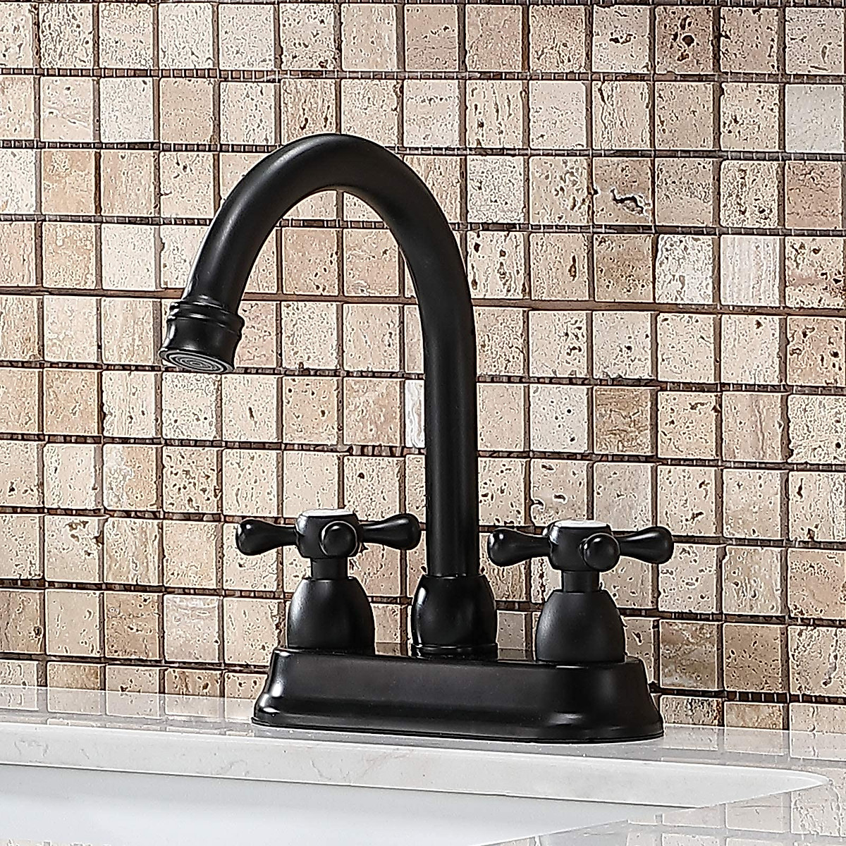 UFaucet 4 Inch Centerset Matte Black Bathroom Faucet, 2 Cross Handle 3 Hole RV Camper Bathroom Sink Faucet, 360° Swivel Spout Stainless Steel Lavatory Basin Bath Vanity Without Accessories Only Faucet