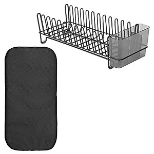 mDesign Compact Modern Metal Dish Drying Rack and Microfiber Mat Set for Kitchen Countertop, Sink - Drain and Dry Wine Glasses, Bowls and Dishes - Removable Cutlery Tray - Set of 2 - Black/Smoke Gray