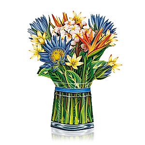 Freshcut Paper Pop Up Cards, Tropical Bloom, 12 inch Life Sized Forever Flower Bouquet 3D Popup Greeting Cards with Note Card and Envelope - Birds of Paradise & Lotus Blossom Flowers