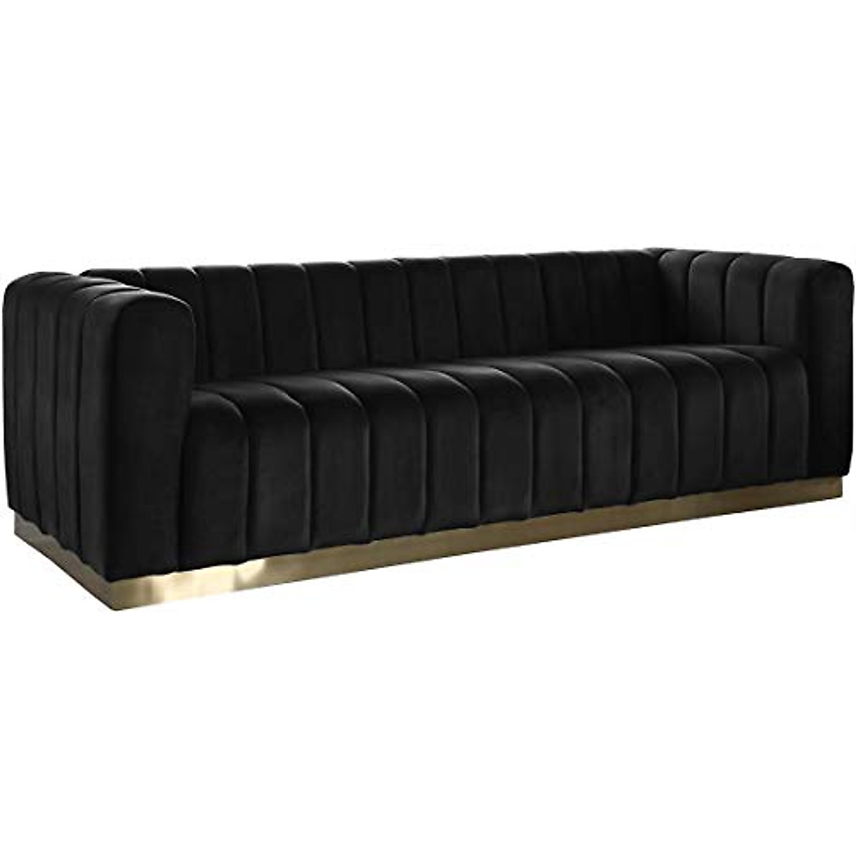 Meridian Furniture 603Black-S Marlon Collection Modern | Contemporary Velvet Upholstered Sofa with Deep Channel Tufting, Stainless Steel Base in a Brushed Gold Finish, Black, 86.5" W x 34" D x 28" H