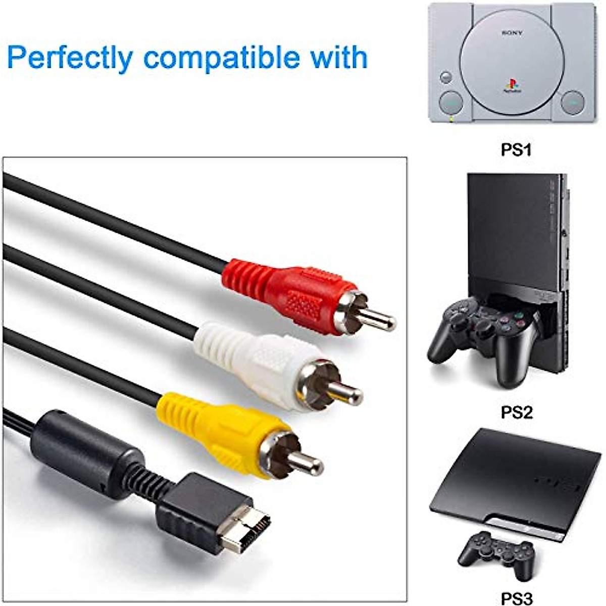 PS2 PS1 PS3 to AV Cable 6ft AV Cable Compatible for Playstation 1 2 3 Replace AV Cable - Black