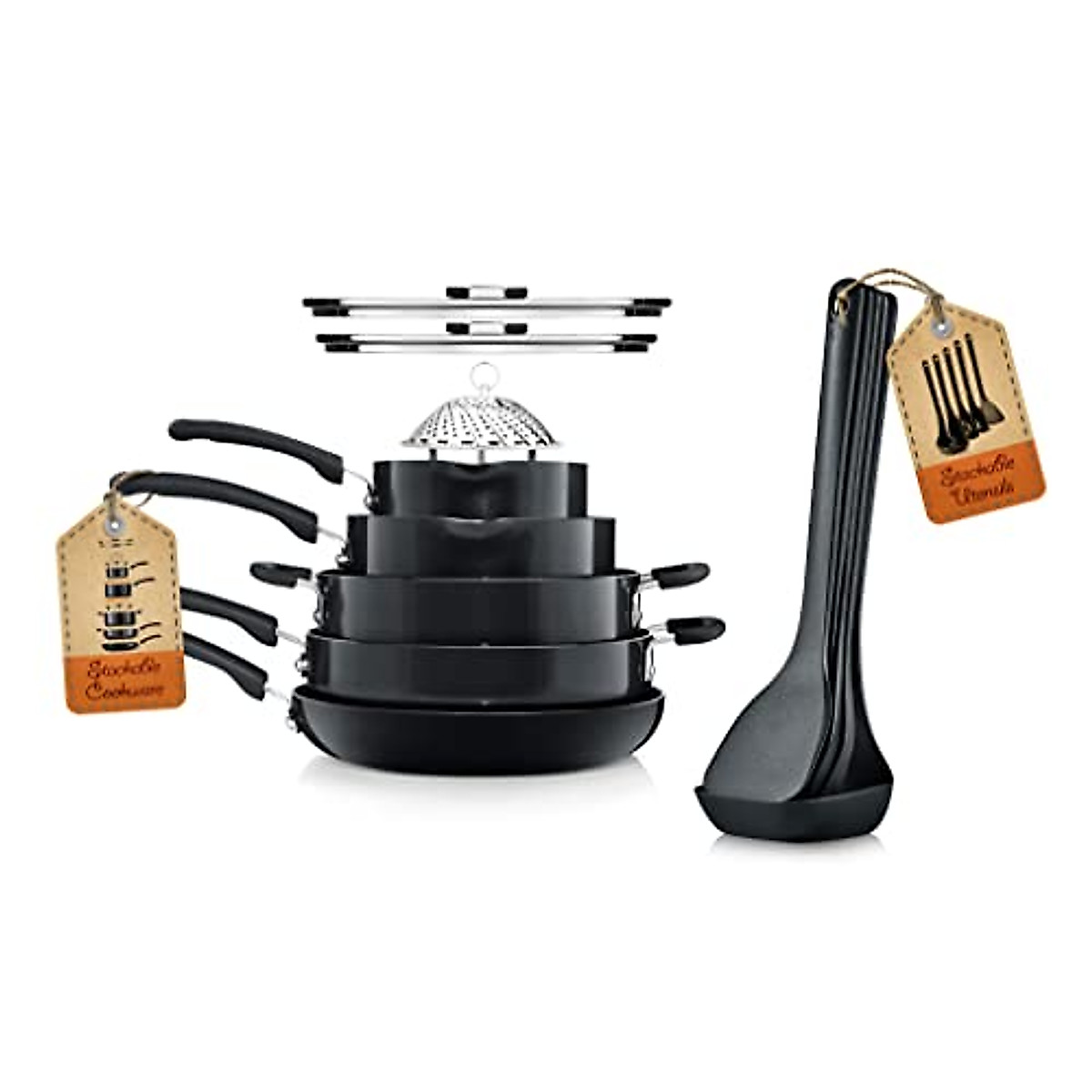 NutriChef Kitchenware Cookware, Non-Stick Pans and Pots with foldable Knob, Space Saving, Stackable, Nylon Tools, Induction Base, Black (17-Piece Set), One Size