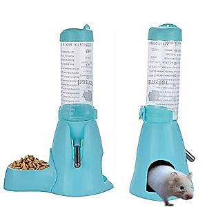 125ML Blue-3 in 1 Hamster Suspended Water Bottle Small Pet Automatic Dispenser, with Food Bowl Base for Dwarf Hamster Mouse Hedgehog
