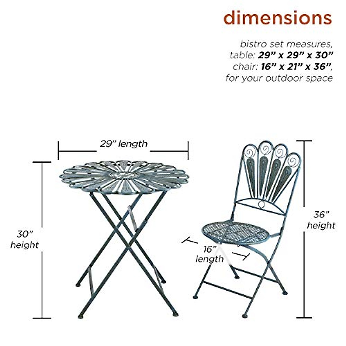 Alpine Corporation Indoor/Outdoor 3-Piece Peacock Feather Rustic Metal Bistro Set Patio Seating, Light Blue
