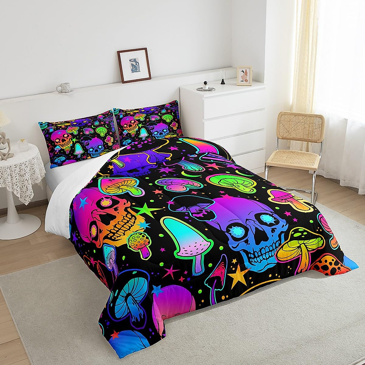 Feelyou Halloween Bedding Set Kids Sugar Skull Comforter Set Mushroom Comforter for Room Decor Lightweight Fluorescent Style Duvet Set with 1 Pillow Case