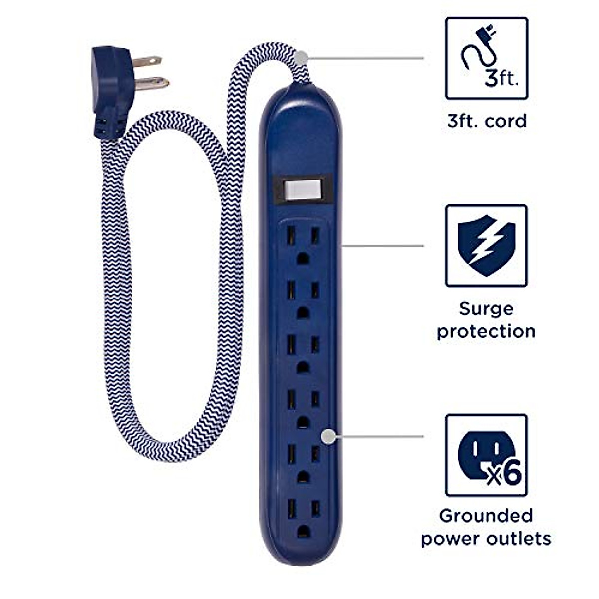 Cordinate 6-Outlet Surge Protector, Power Strip, Flat Plug, Braided Cord, Decorative, 3 ft Power Cord, Wall Mount, Tangle-Free, Warranty, Navy, 44202