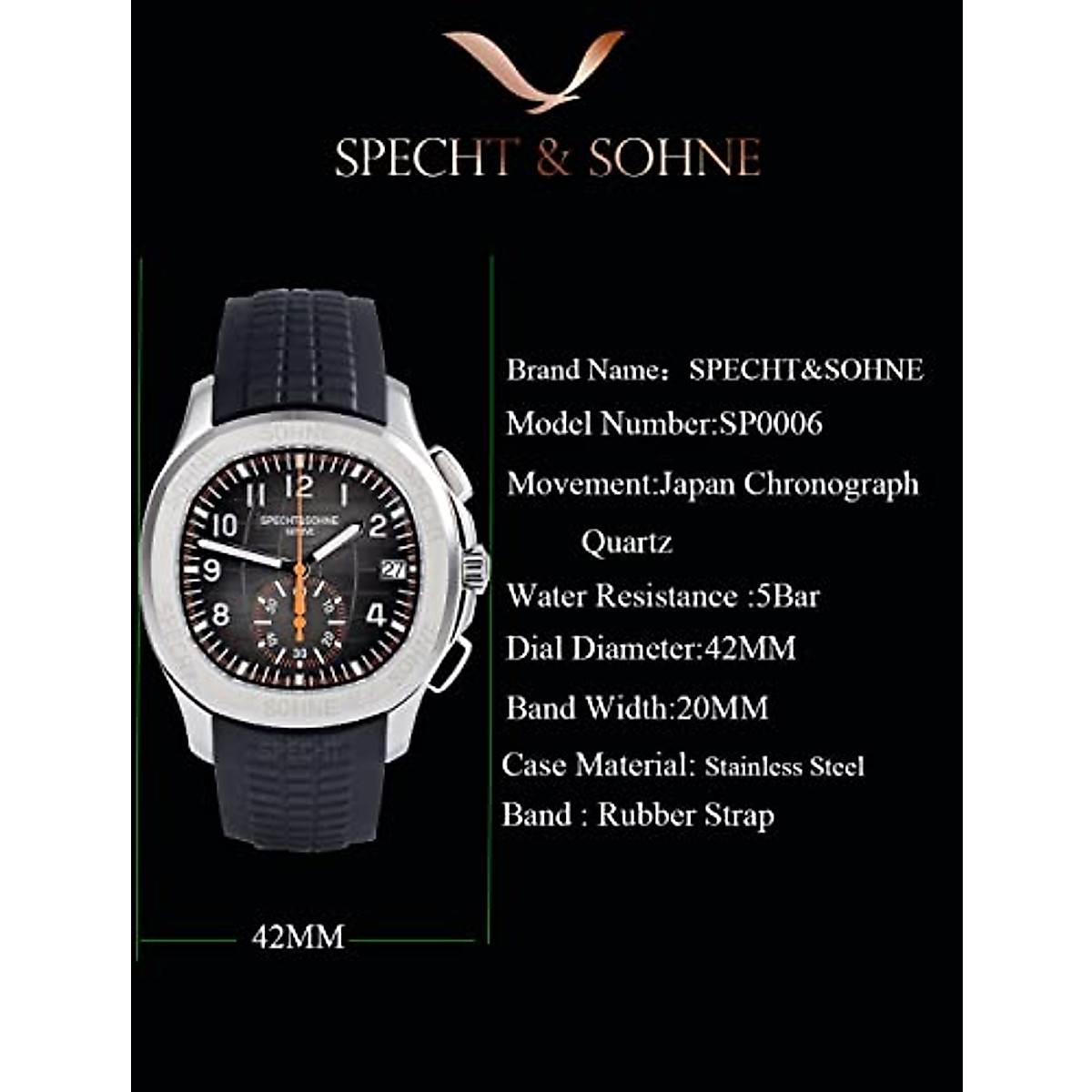 Specht&Sohne Men's Quartz Watches for Men Chronograph Display Waterproof 42mm Steel Sports Watches Luminous Rubber Strap Waterproof Analogue Wrist Watch (Blue)