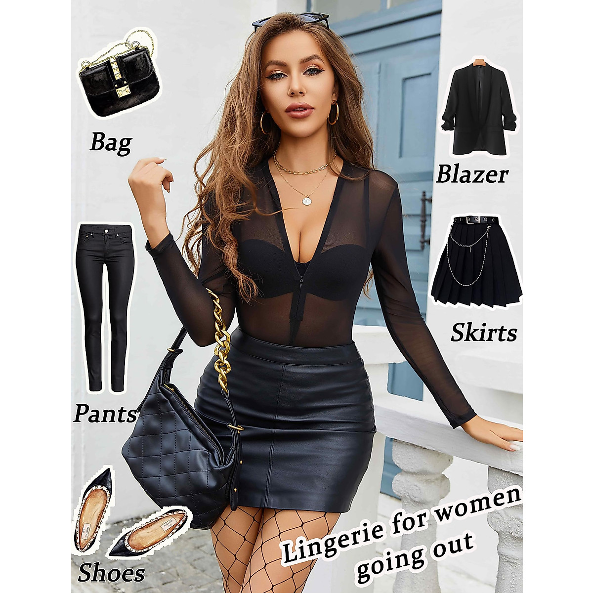 Avidlove Women's Sexy Mesh Long Sleeve Bodysuit Tops Sheer See Through Zipper Leotard Clubwear with Snap Crotch Black L