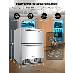 Enocreay Outdoor Drawer Refrigerator, Built-In Under Counter Drawer Fridge Beverage Cooler with Stainless Steel Door, 185 Cans Capacity with Drink Dispenser for Island Kitchen Home Bar