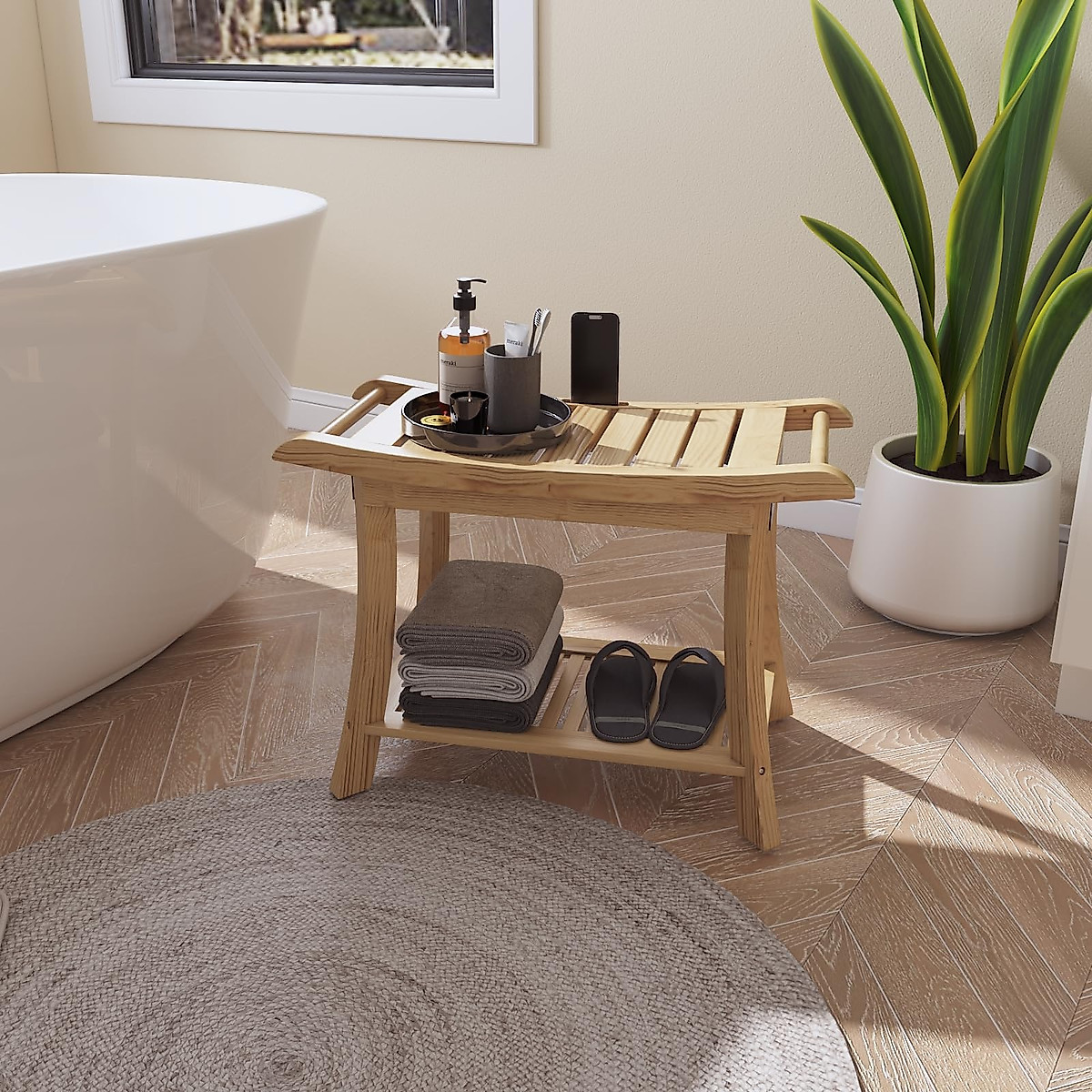 SHANGYIREN Bamboo Shower Bench Stool with Storage Shelf Waterproof Shower Chair with Wheels Spa Bath Seat Excellent for Indoor Natural