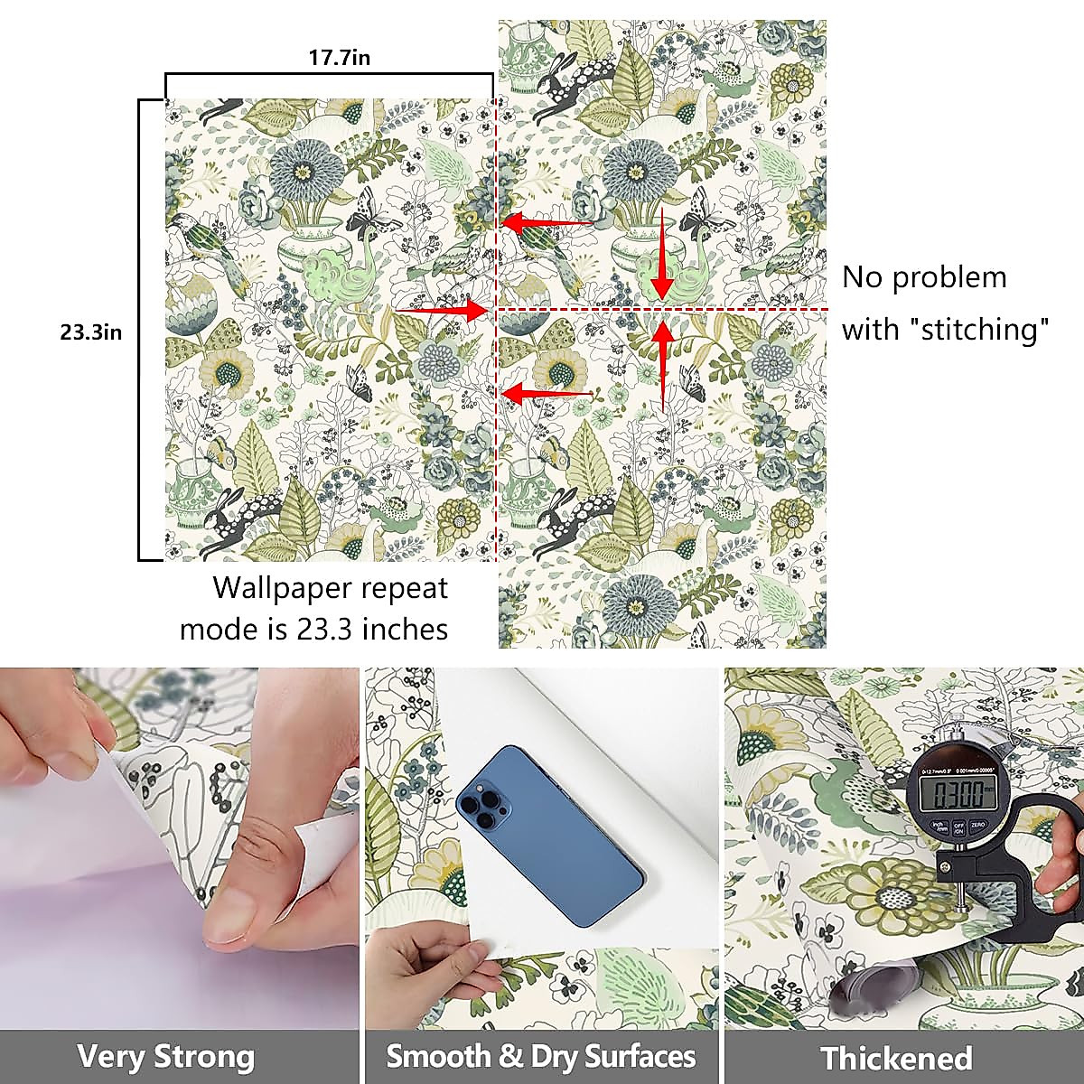 Wudnaye Floral Wallpaper Peel and Stick Wallpaper Floral Kitchen Wallpaper 17.7inch × 118.1inch Green Wallpaper Stick and Peel Wallpaper Plants Flower Wallpaper Decorative Contact Paper for Shelves