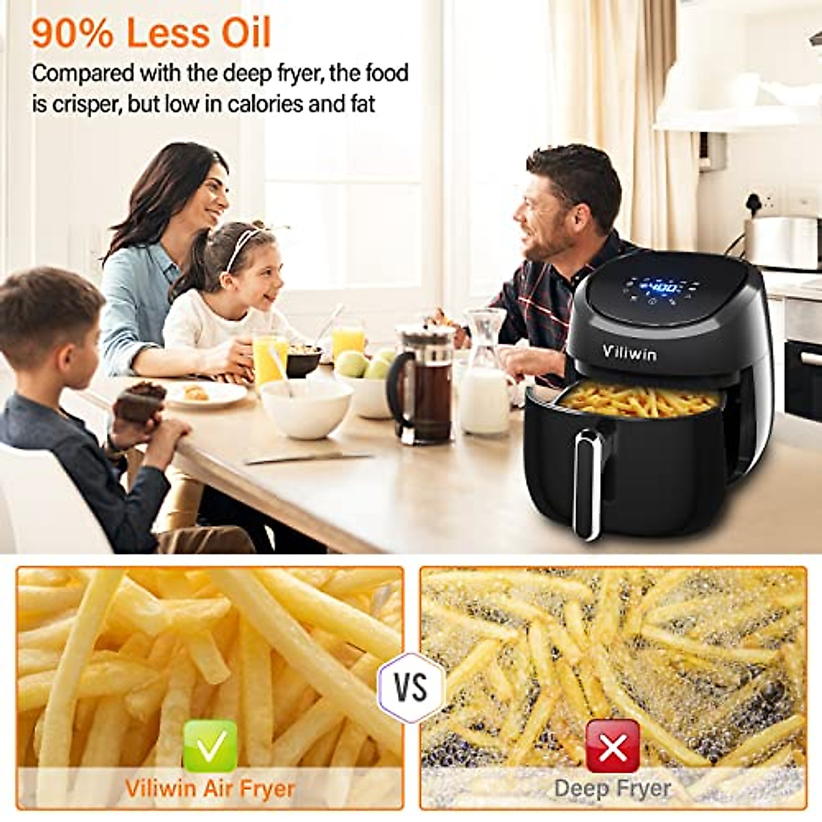 VILIWIN Air Fryer 4.5 QT 8 Preset Menus AirFryer with Auto Shut Off 30 Minute Timer Adjustable and Air Fryer Paper Liners 50PCS Disposable Square Parchment Liner 6.3 inch for 4-6 QT Air Fryers