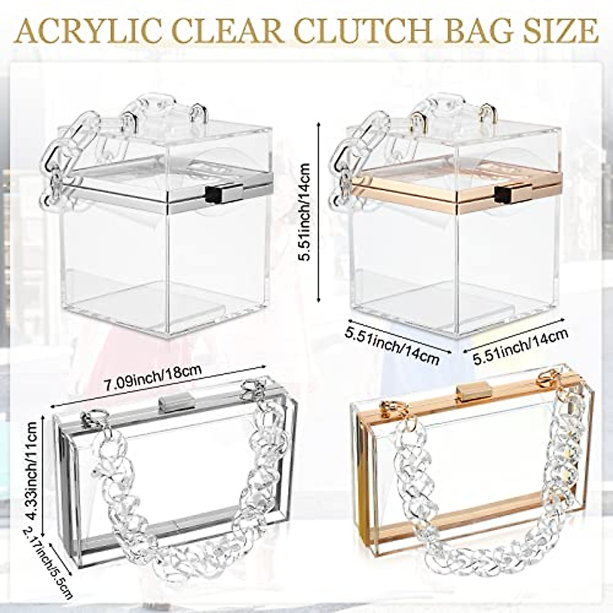 4 Pcs Women Clear Purse Acrylic Clear Clutch Bag Square Jelly Evening Bag with 2 Pcs Removable Gold Chain Strap Vintage Clear Cross Body Bag Transparent Cute Clutch Purse for Dinner Party Wedding